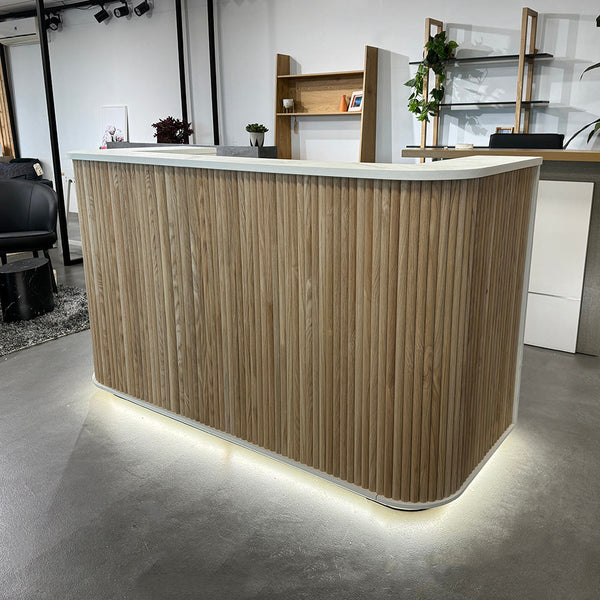 HALO Reception Desk 180cm - Oak & White – innovatec.com.au